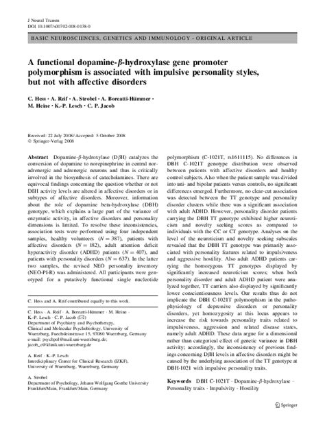 Pdf A Functional Dopamine β Hydroxylase Gene Promoter Polymorphism Is Associated With