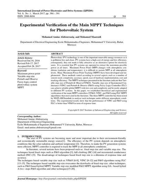 Experimental Verification Of The Main Mppt Techniq Pdf Electromagnetism Electricity