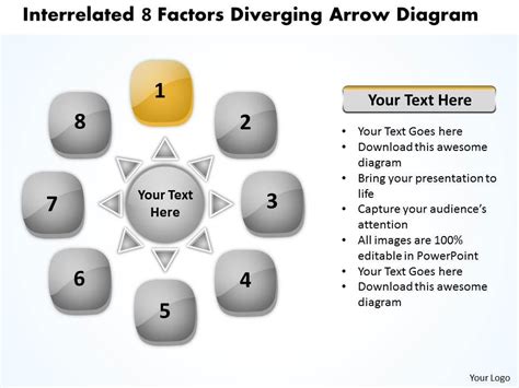 Interrelated 8 Factors Diverging Arrow Diagram Cycle Chart PowerPoint Templates Template