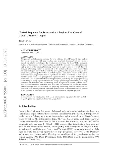 Pdf Nested Sequents For Intermediate Logics The Case Of G Odel