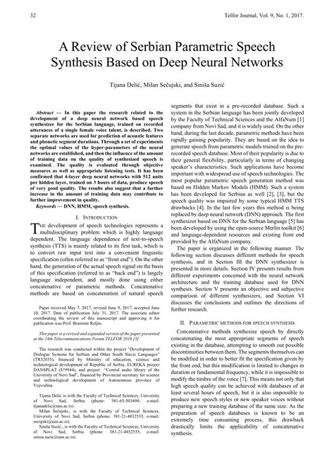 Pdf A Review Of Serbian Parametric Speech Synthesis Based On Deep
