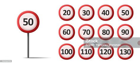 속도 제한 도로 표지판 세트 빨간색 원과 숫자가 있는 둥근 흰색 플레이트 스틱 0명에 대한 스톡 벡터 아트 및 기타 이미지 0명 3차원 형태 거리 Istock