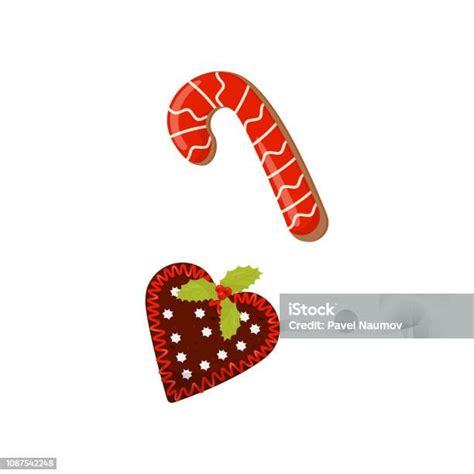 마음과 사탕 지팡이의 모양에 Gingerbreads 색된 장식으로 장식 맛 있는 크리스마스 디저트입니다 평면 벡터 아이콘 계절에 대한 스톡 벡터 아트 및 기타 이미지