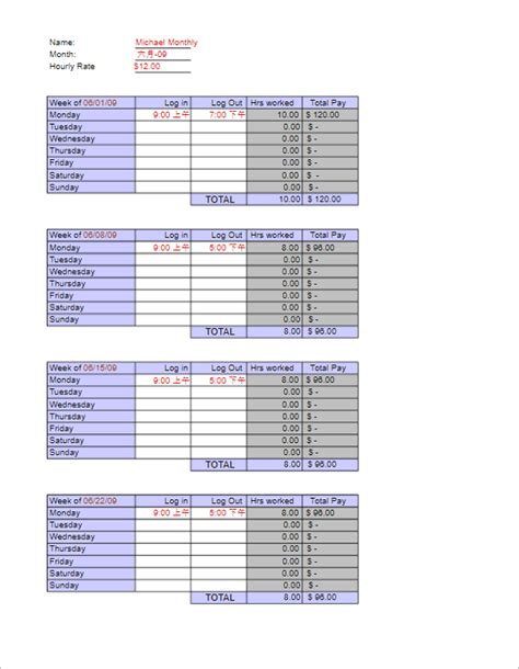 Printable Timesheet Templates Free Word Excel Documents