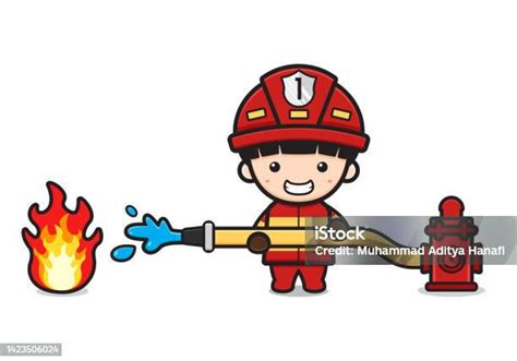 귀여운 소방관이 화재 만화 아이콘 벡터 일러스트 레이 션을 진압합니다 구조에 대한 스톡 벡터 아트 및 기타 이미지 구조 귀여운 도끼 Istock