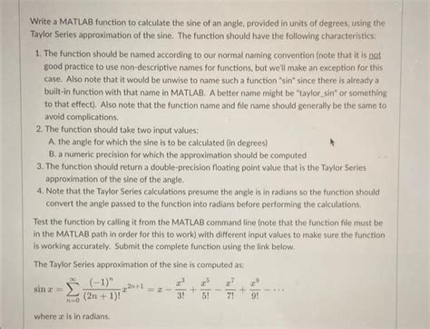 Solved Write A MATLAB Function To Calculate The Sine Of An Chegg