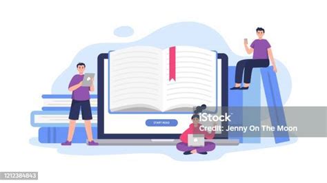 전자 책 테마에 대한 일러스트레이션 귀여운 사람들은 공부하고 휴대 전화 노트북 컴퓨터 및 태블릿에 책을 읽습니다