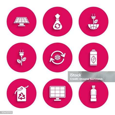 행성 지구와 재활용 태양 에너지 패널 물병 재활용 플라스틱 병 재활용 기호가 있는 태그 전기 절약 플러그 잎 및 아이콘을