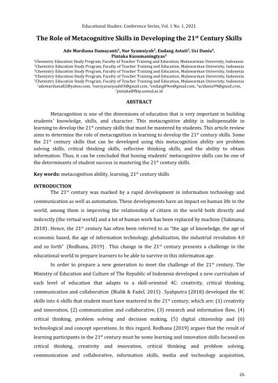 View Of The Role Of Metacognitive Skills In Developing The 21st Century Skills