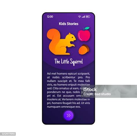 어린이 스마트 폰 인터페이스 벡터 템플릿에 대한 짧은 이야기 모바일 앱 페이지 바이올렛 디자인 레이아웃입니다 동화 화면입니다