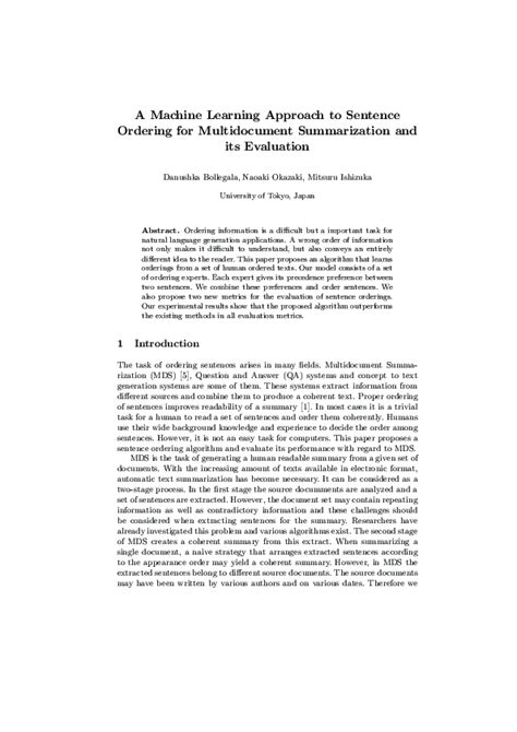 Pdf A Machine Learning Approach To Sentence Ordering For Multidocument Summarization And Its