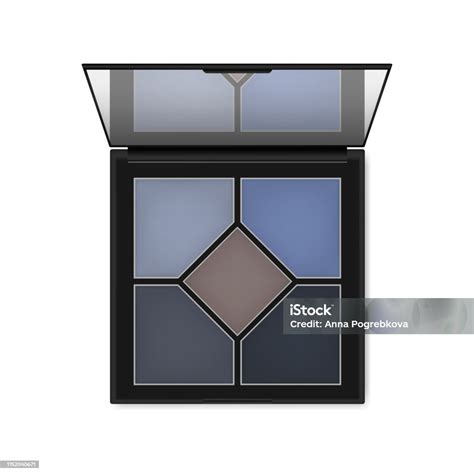 메이크업 아이 섀도우 블루 톤 팔레트입니다 드라마틱 한 코발트 쉐 이드 컬러 아이 섀도우 키트 거울탑 뷰 벡터 템플릿 블랙 메이크업 컨테이너 열기 3차원 형태에 대한 스톡