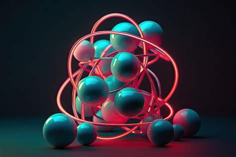 Close Up Of Atomic Nucleus With Orbiting Particles On Dark Background Retro Futurism Premium