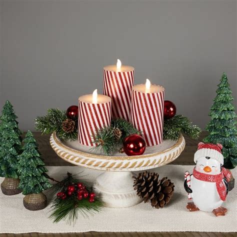 Set Of 3 Flameless Glittered Candy Cane Stripes Flickering Led Christmas Wax Pillar Candles 6