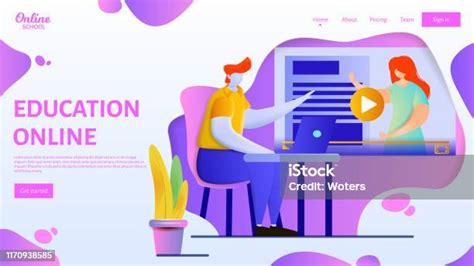 온라인 교육 웹 페이지 템플릿입니다 노트북 앞에 앉아서 공부하는 남자의 평면 벡터 그림 가공의 인물에 대한 스톡 벡터 아트 및 기타 이미지 가공의 인물 개념 거리가