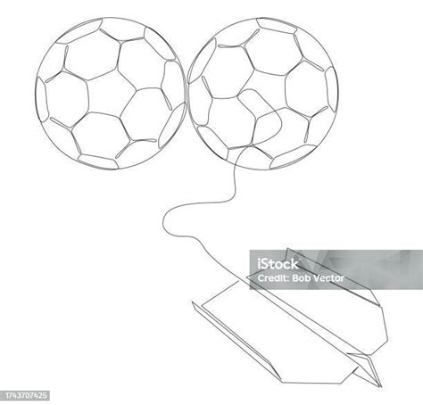 축구공이 있는 종이 비행기의 연속 라인 하나 가는 선 그림 벡터 개념입니다 등고선 그리기 창의적인 아이디어 Championship에 대한 스톡 벡터 아트 및 기타 이미지