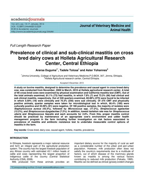 Pdf Prevalence Of Clinical And Sub Clinical Mastitis On Cross Bred Dairy Cows At Holleta