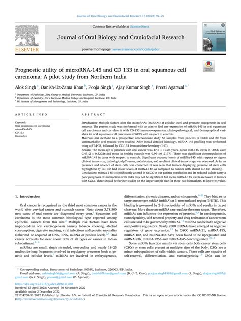 Pdf Prognostic Utility Of Microrna 145 And Cd 133 In Oral Squamous Cell Carcinoma A Pilot