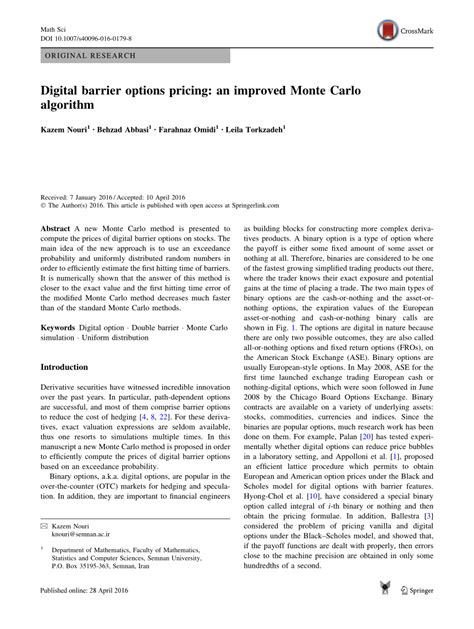 Pdf Digital Barrier Options Pricing An Improved Monte Carlo Algorithm