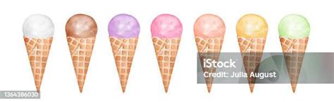 다양한 멀티 컬러 아이스크림 공 와플 콘의 수채화 일러스트 세트 갈색에 대한 스톡 벡터 아트 및 기타 이미지 갈색 개체