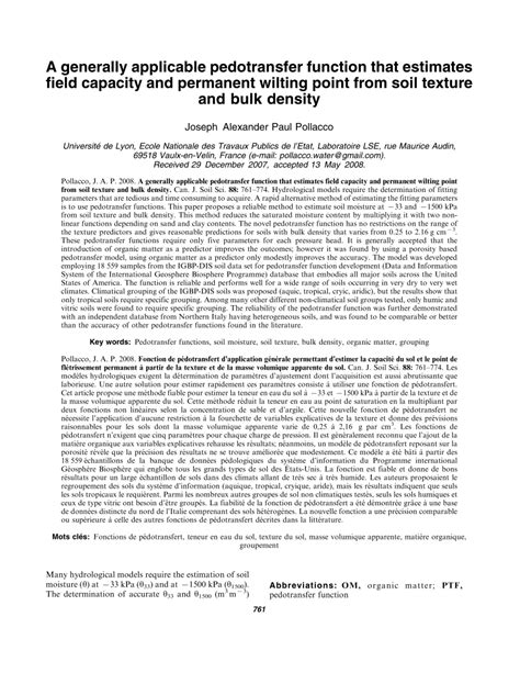 Pdf A Generally Applicable Pedotransfer Function That Estimates Field Capacity And Permanent