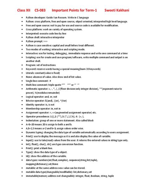 Class Xii Cs 083 Important Points For Term 1 Sweeti Kakhani Pdf Parameter Computer