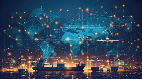 Global Logistics Network Concept With Airplane Cargo Ship And Trucks On World Map Banner Stock