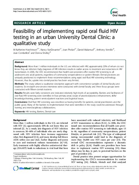 Pdf Feasibility Of Implementing Rapid Oral Fluid Hiv Testing In An Urban University Dental