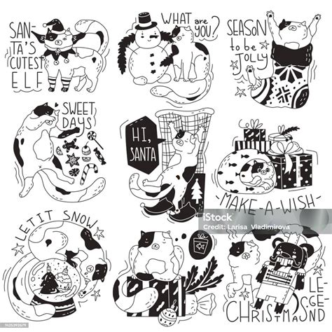 귀여운 크리스마스 고양이와 작곡 세트 원래 따옴표 재미있는 고양이와 새해 스티커 휴일 파티를위한 인사말 카드 벡터