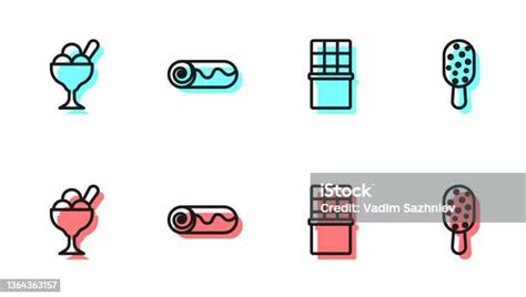 세트 라인 초콜릿 바 그릇에 아이스크림 롤 케이크와 아이콘 벡터 0명에 대한 스톡 벡터 아트 및 기타 이미지 0명 굴리기 꽃병 Istock