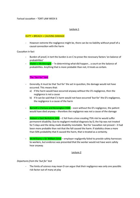 Factual Causation Tort Lecuture Factual Causation Tort Law Week 6 Lecture 1 Duty Breach