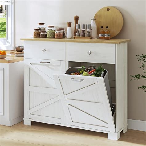 Apicizon Tilt Out Trash Can Cabinet 2x10 Gallons With Storage Drawers