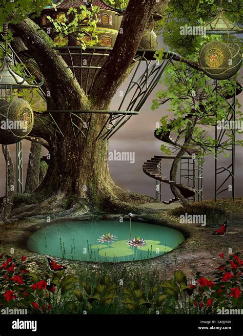 Tree House By A Green Pond Stock Photo Alamy