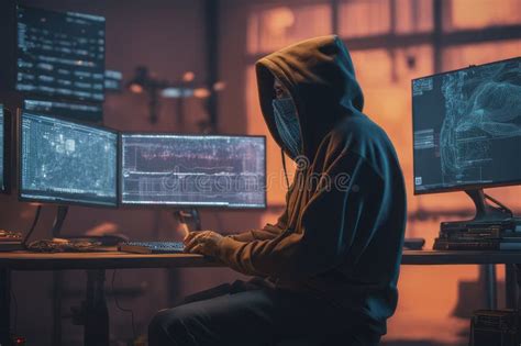 Hacker In A Hood With A Hood In His Hands Hacker In A Hood With A Hood In His Hands Stock