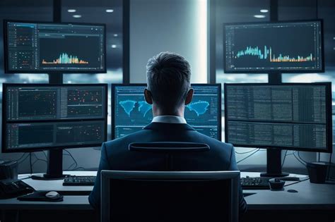 there is a man sitting at a desk with multiple monitors generative ai