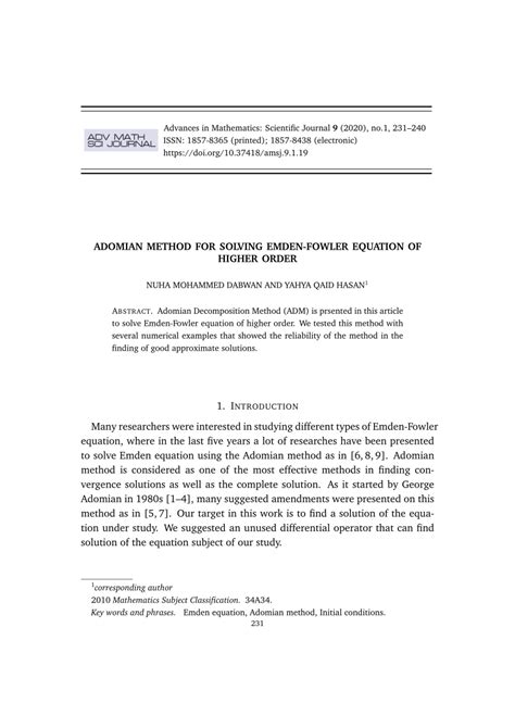 Pdf Adomian Method For Solving Emden Fowler Equation Of Higher Order