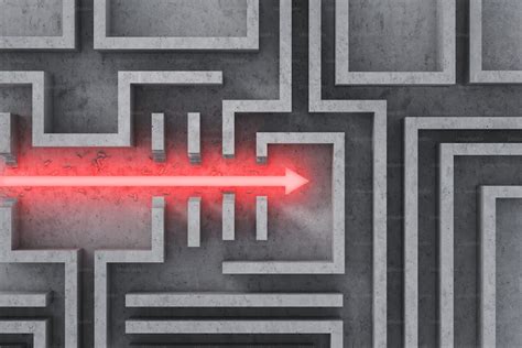 콘크리트 벽 미로를 뚫고 불타고 있는 용암 뜨거운 직선 화살이 목표로 가는 길에 있습니다 비즈니스 목표 달성 및 도전 극복의 개념 3d 렌더링 사진 Unsplash의