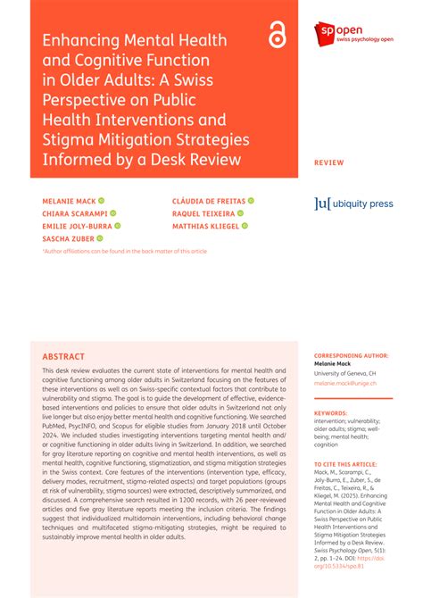 Pdf Enhancing Mental Health And Cognitive Function In Older Adults A Swiss Perspective On