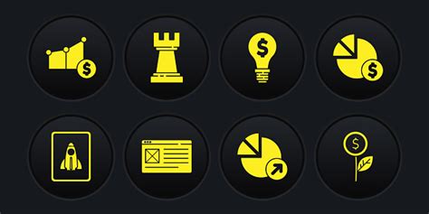 시작 프로젝트 개념 파이 차트와 달러 브라우저 창 금융 성장 전구 체스 달러 공장 및 아이콘을 설정합니다 벡터 개념에 대한 스톡