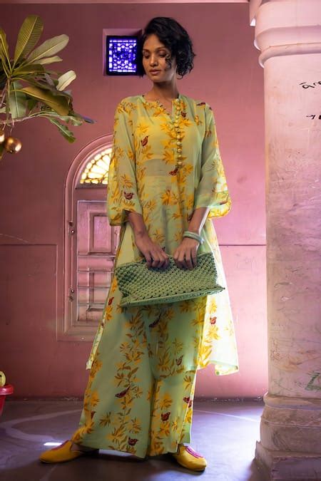 Buy Green Malai Satin Floral High Neck Pattern Sheer Kurta For Women By