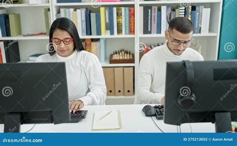 Man And Woman Babes Using Computer Studying At University Classroom Stock Image Image Of