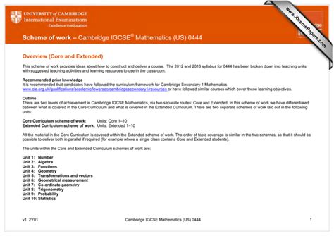 Cambridge Igcse Mathematics Scheme Of Work Us 0444