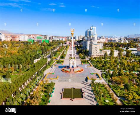 Independence Monument And Rudaki Park Aerial Panoramic View In Dushanbe
