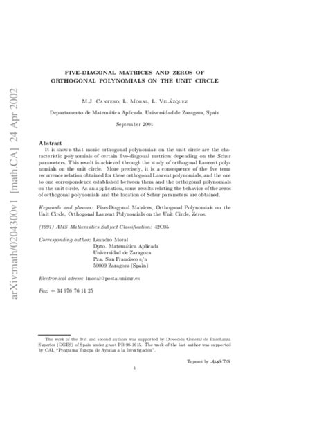 Pdf Five Diagonal Matrices And Zeros Of Orthogonal Polynomials On The Unit Circle Luciana