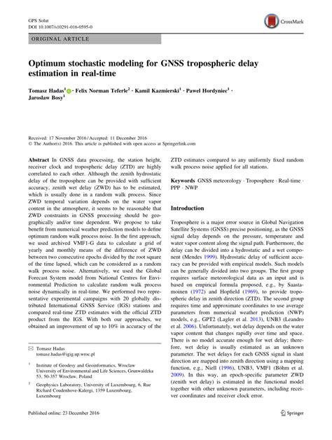 Pdf Optimum Stochastic Modeling For Gnss Tropospheric Delay Estimation In Real Time