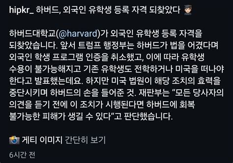 하버드 외국인 유학생 등록 되찾음 유머 움짤 이슈 에펨코리아