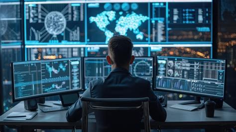 Premium Photo Cybersecurity Analyst Monitoring Multiple Computer Monitors