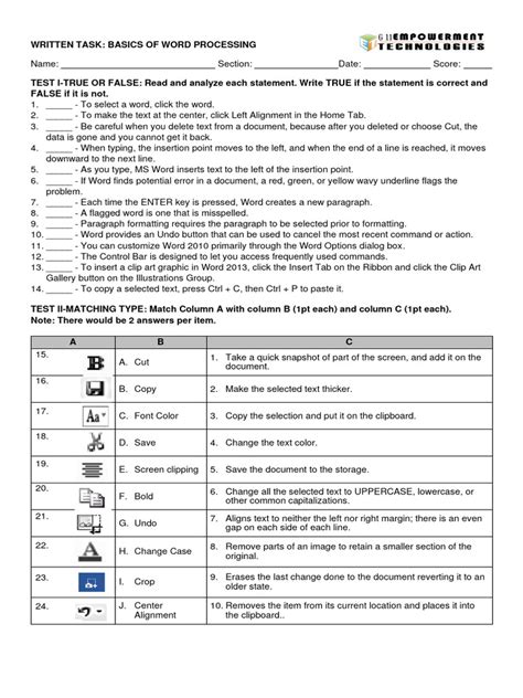 Word Processing Basic Exam Pdf Control Key Microsoft Word