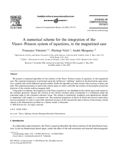 Pdf A Numerical Scheme For The Integration Of The Vlasov Poisson System Of Equations In The