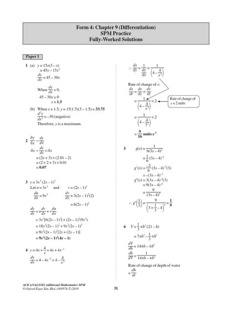 Form 4 Chapter 9 Differentiation Spm Practice Fully Worked Solutions